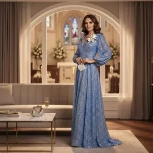 Jovani | Dresses | Jovani 2595 Blue Sequin Deep V Long Sleeve Maxi Gown ...